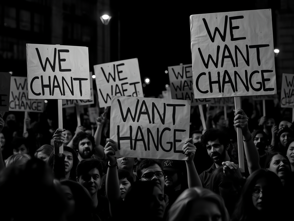 black-and-white-art-angry-riot-crowd-holding-signs-that